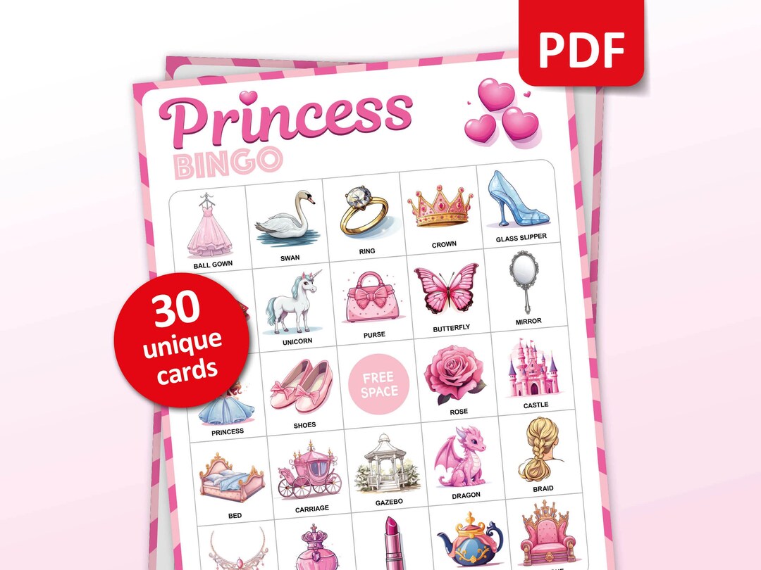 Princess Bingo, 30 Pink Bingo Cards, Birthday Activities, Kids Royal ...