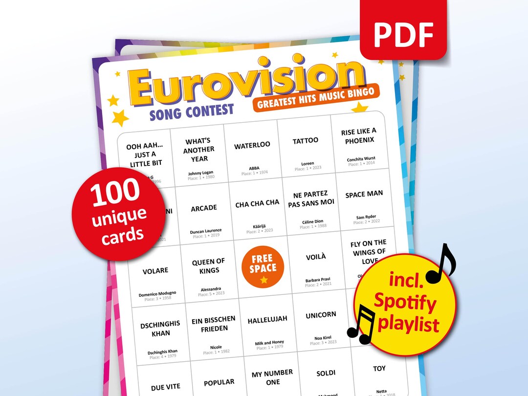 Eurovision Song Contest Music Bingo, 100 Bingo Cards + Spotify Playlist ...