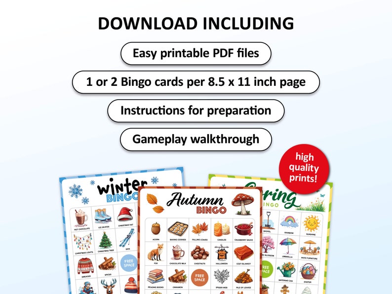 4 Season Bingo Games Set, 50 Bingo Cards per Game, Summer, Spring ...