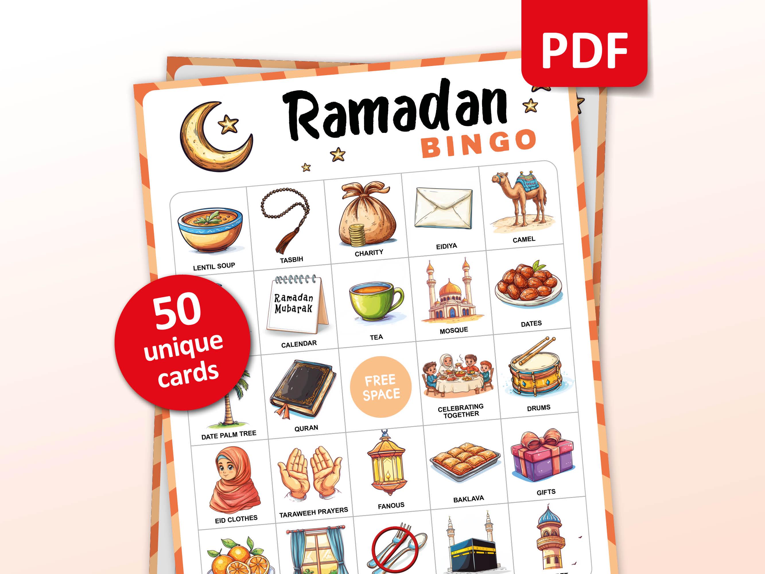 Ramadan Bingo, 50 Printable Bingo Cards, Eid Mubarak 2026 Party Game ...