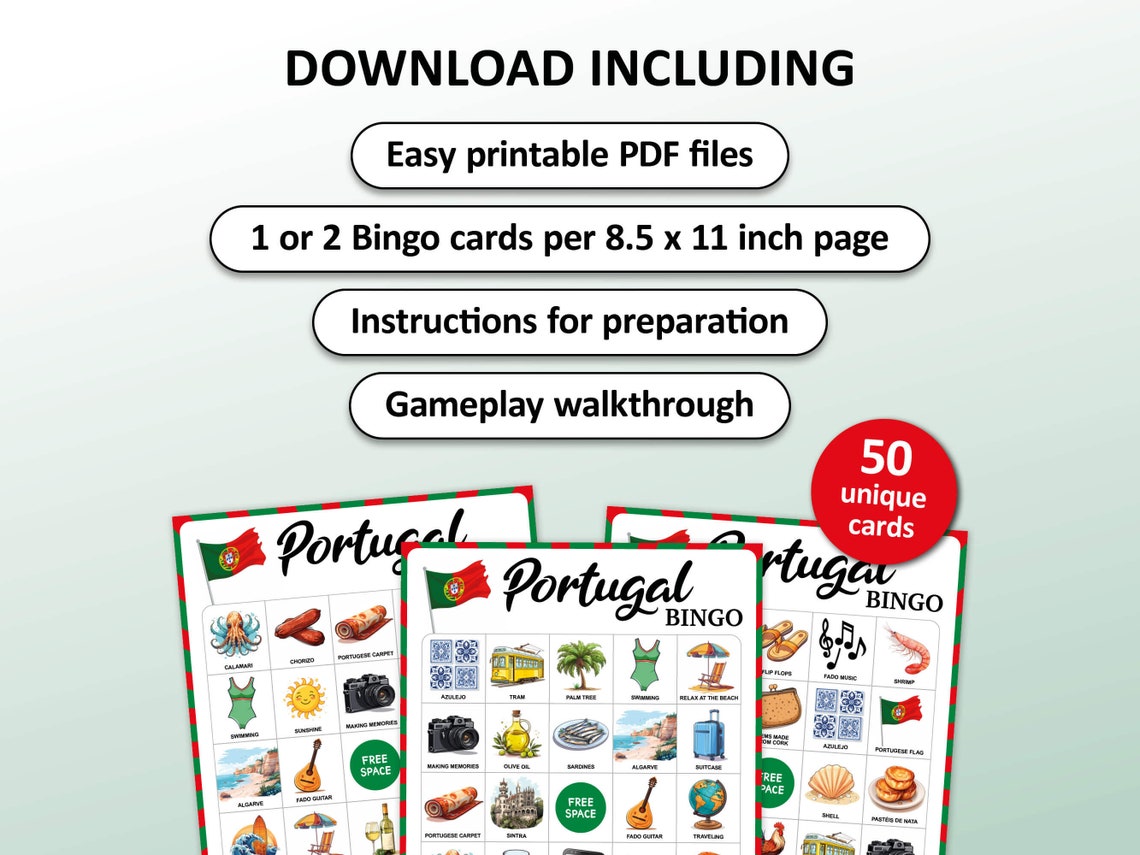 Portugal Travel Bingo Game, 50 Bingo Cards, Europe Trip Vacation ...