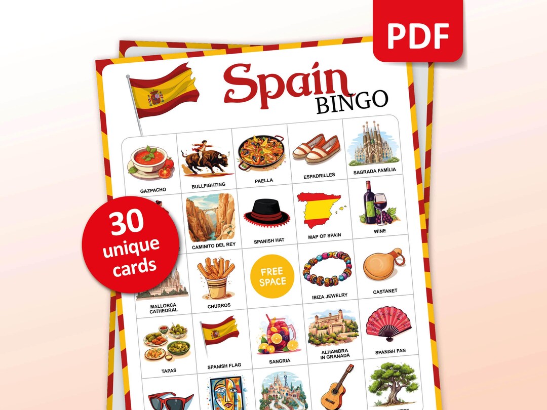 Spain Travel Bingo Game, 30 Spain Bingo Cards, Travel Trip Vacation ...