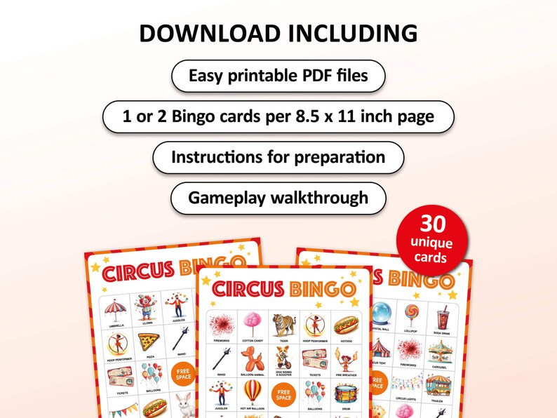 Circus Bingo, 30 Circus Party Bingo Cards, Birthday Activities, Kids ...