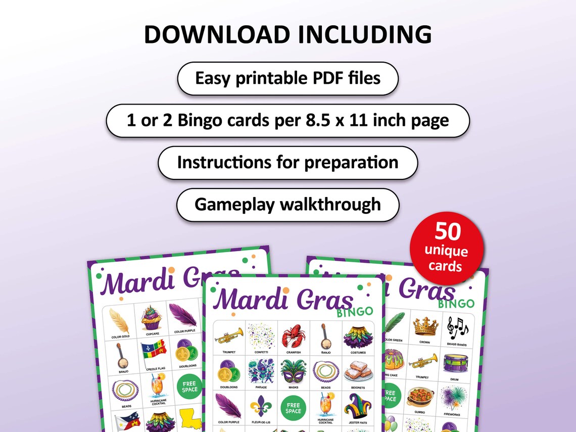 Mardi Gras Bingo, 50 Carnival Bingo Cards, Party Game for Kids and ...