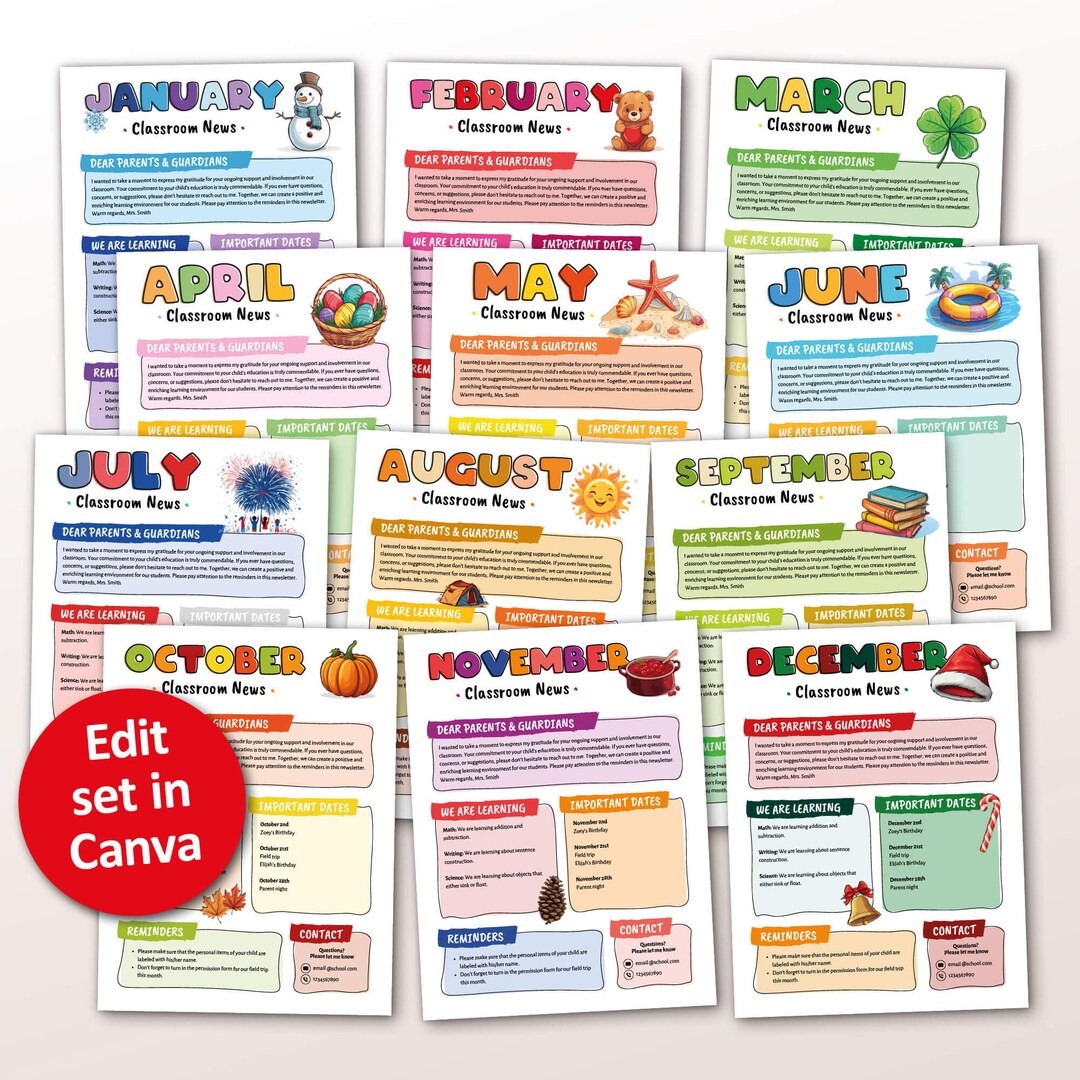 Editable Newsletter Template Canva, Monthly Classroom Newsletter Set ...