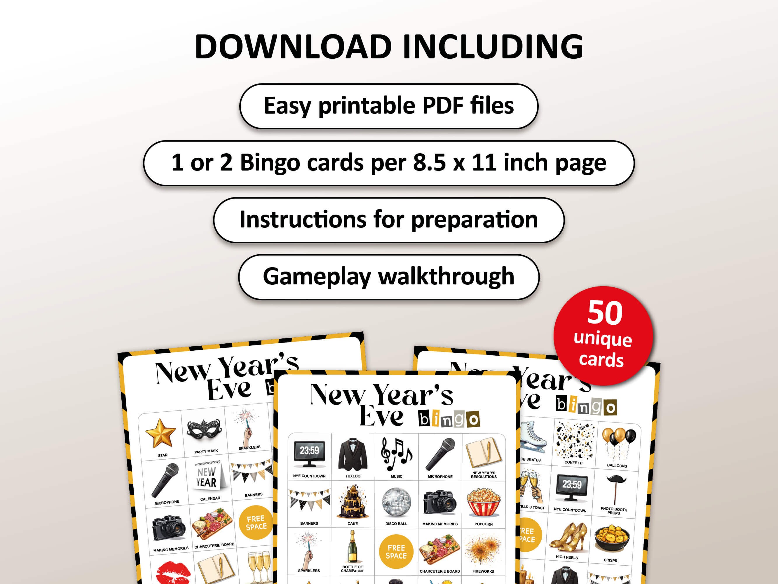 New Year's Eve Bingo, 50 NYE Bingo Cards, New Year's Eve Party Game for ...