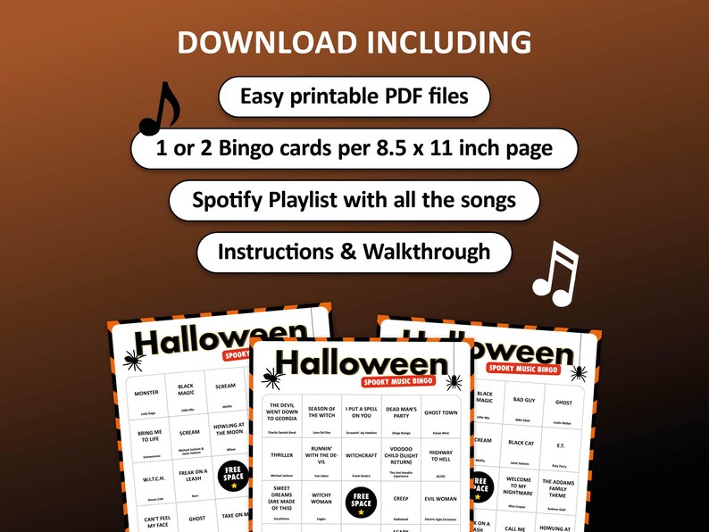 Halloween Music Bingo, 100 Bingo Cards + Spotify Playlist, Spooky ...