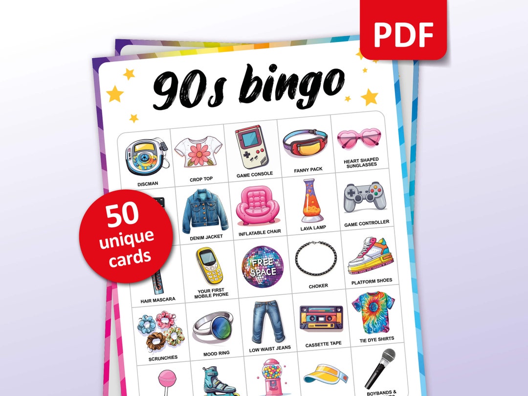 90s Party Bingo, 50 Unique Bingo Cards, Fun 90's Party Game, Printable ...
