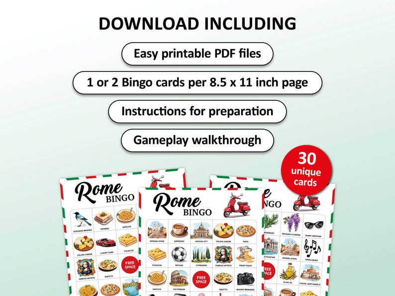Rome Travel Bingo Game, 30 Italy Bingo Cards, Travel Trip Vacation ...