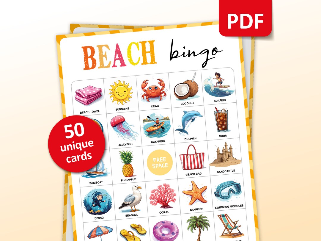 Beach Bingo, 50 Birthday Bingo Cards, Beach Activities, Kids Summer ...