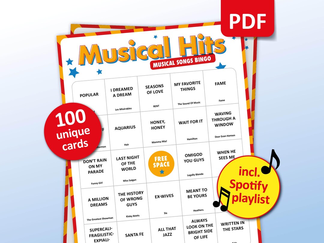 Musical Music Bingo, 100 Bingo Cards + Spotify Playlist, Broadway ...