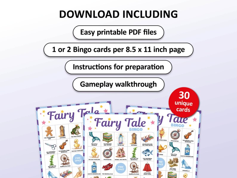 Fairytale Bingo, 30 Bingo Cards, Fairy Tale Party Game, Printable Kids ...