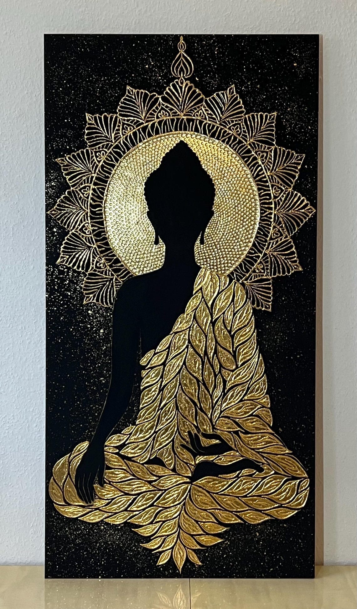 Golden Buddha Wall Art – Large Spiritual Boho Painting With Gold Leaf ...