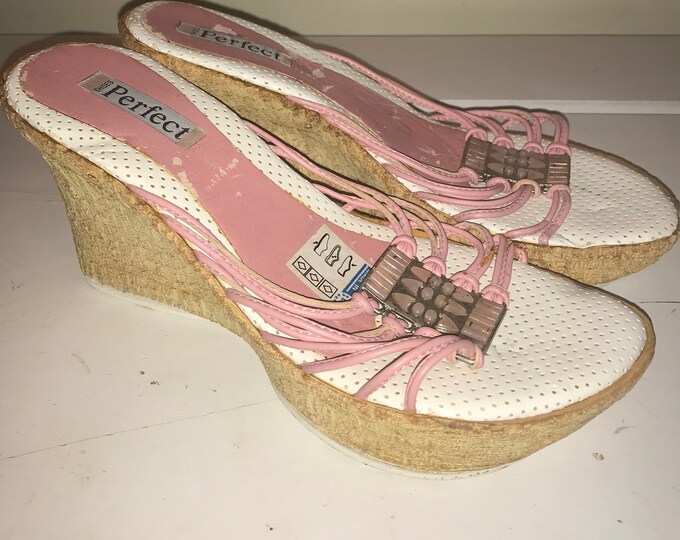 VINTAGE Y2K WEDGES Bubblegum Pink Beaded Cork Wedges - Etsy