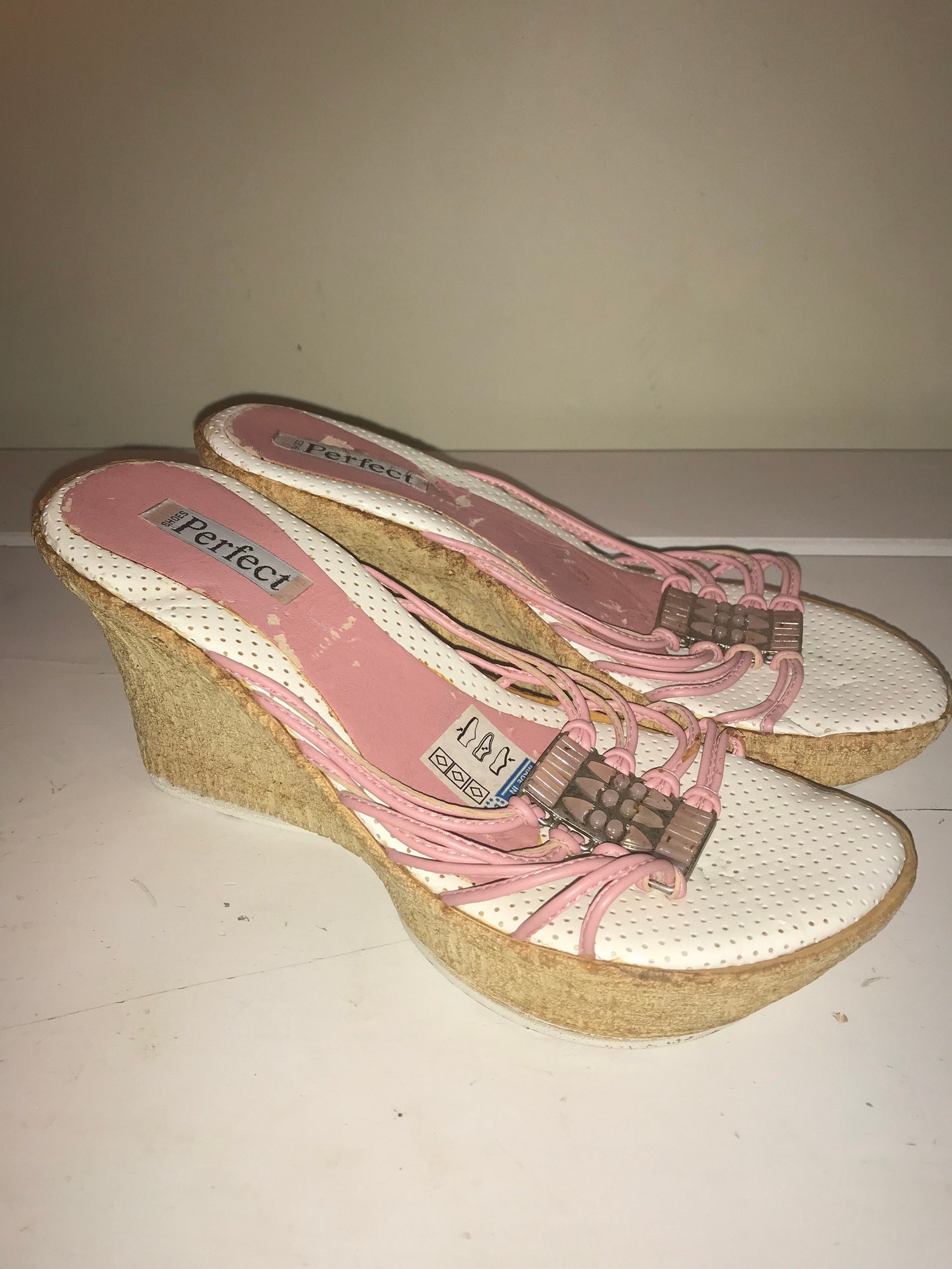 VINTAGE Y2K WEDGES Bubblegum Pink Beaded Cork Wedges - Etsy