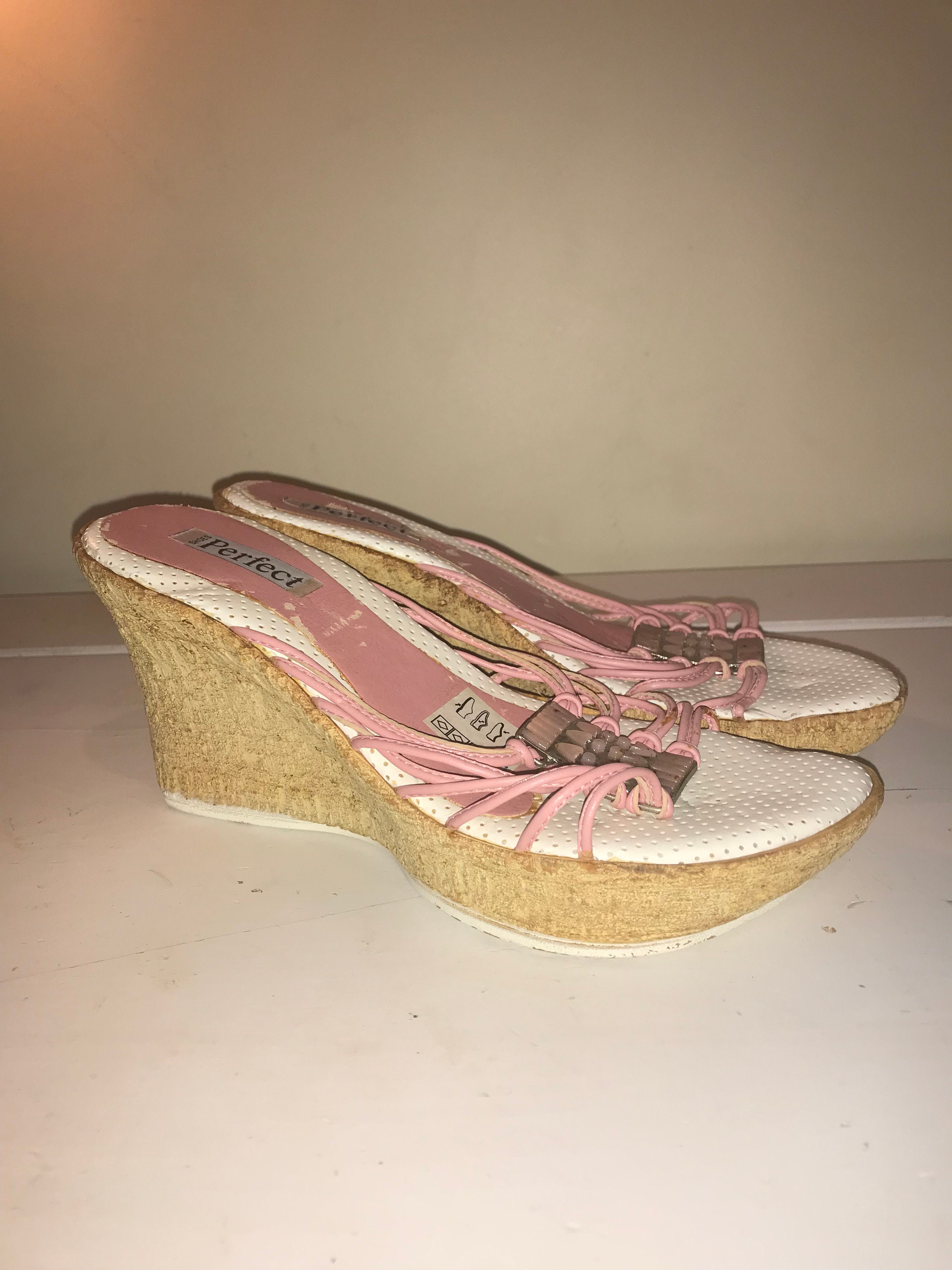 VINTAGE Y2K WEDGES Bubblegum Pink Beaded Cork Wedges - Etsy