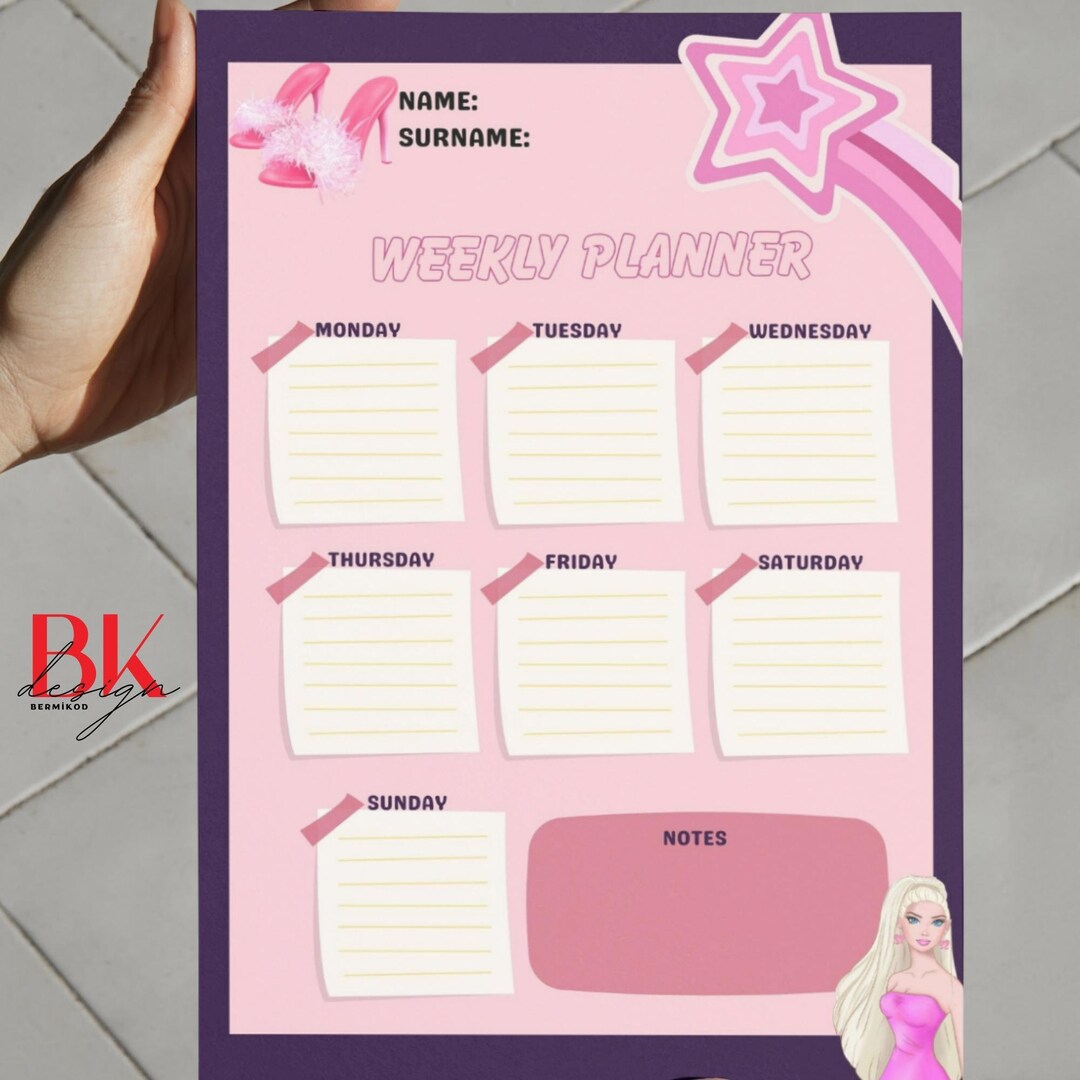 Barbie Weekly Planner for Kids: Printable Digital Calendar (JPG, SVG ...