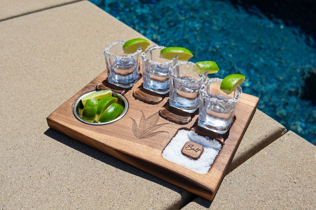 Tequila Shot Flight Board With Stainless Steel Lime Bowl and 4 Premium ...