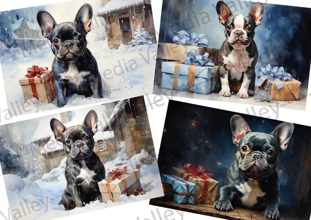 French Bulldog Christmas Card Snow Present Digital Clipart - Etsy