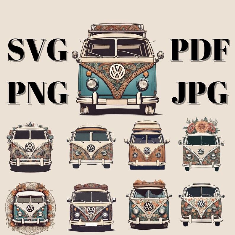 Boho VW Van Clipart Set - Campervan Svg - Camping Van - Classic Car Svg ...