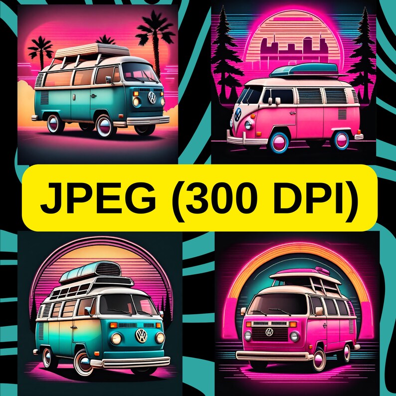 Retro Groovy VW Minivan Clipart Set JPEG 300 Dpi Digital Download Van ...