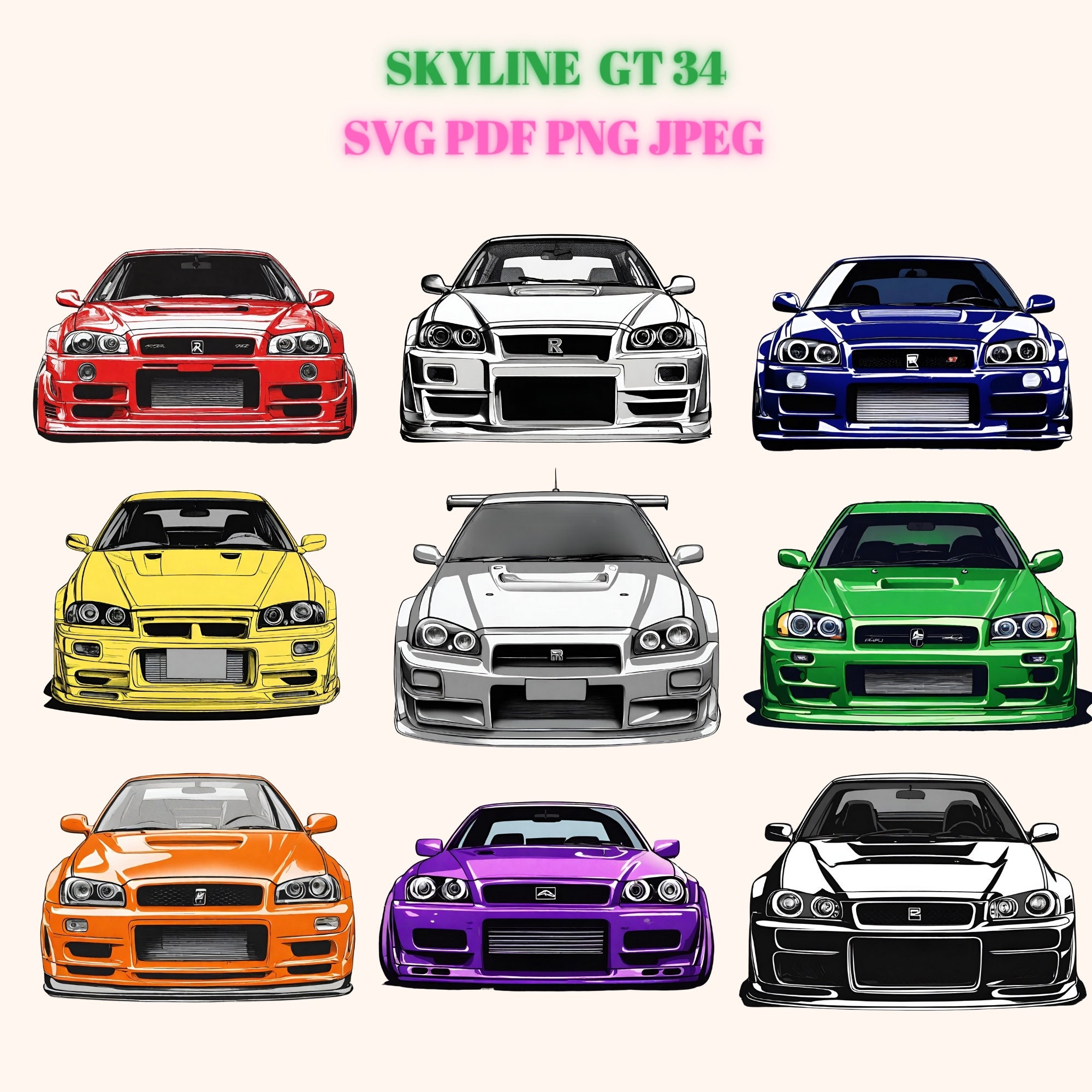 Nissan Skyline GT34 Clipart Set GT34 Svg skyline Png GTR34 Design Clip ...