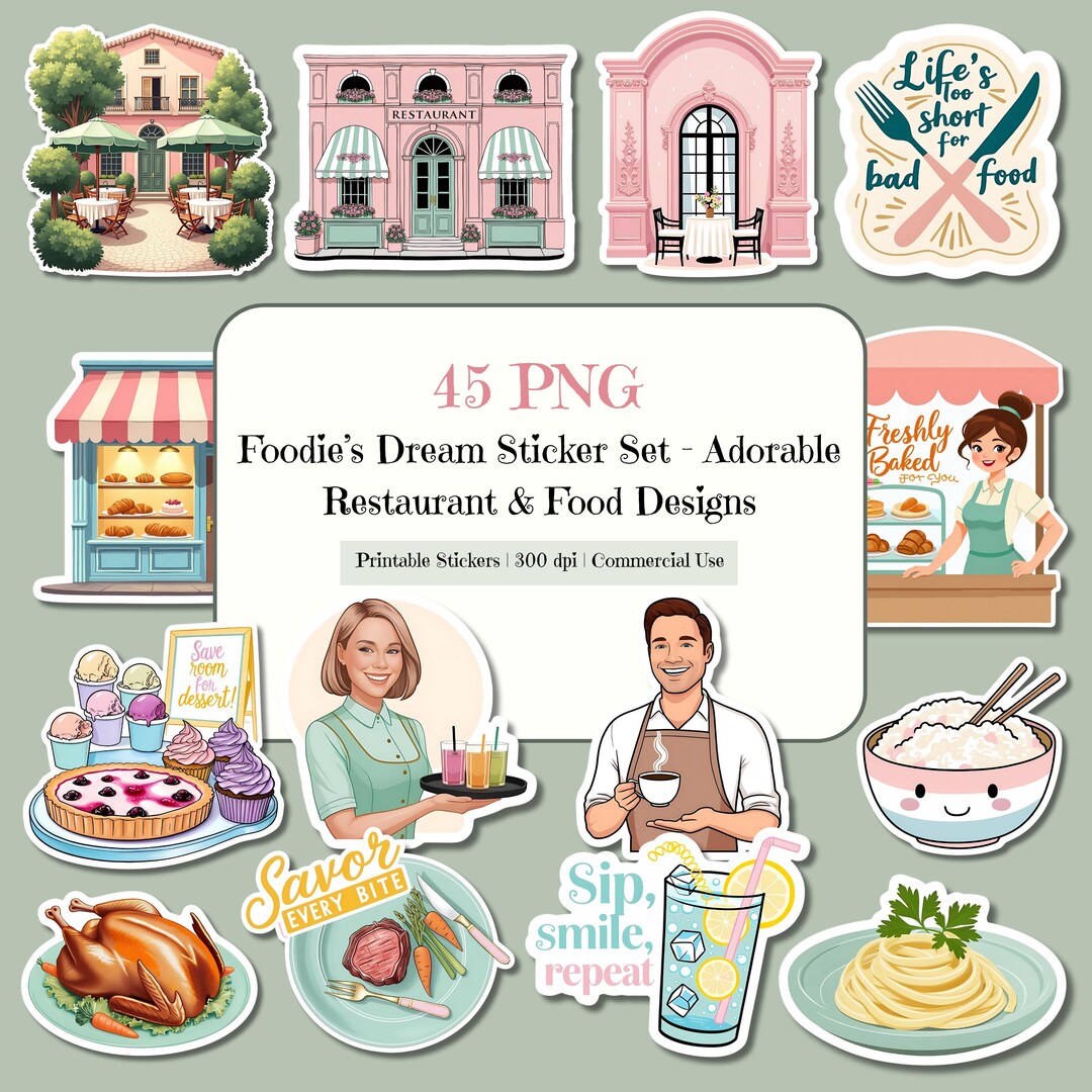 Restaurant Sticker Bundle - Printable Stickers - 45 Pre-cropped PNG ...