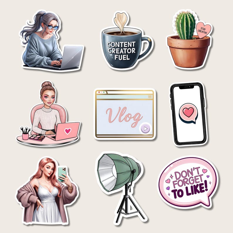 Content Creator Sticker Bundle - Printable Stickers - 60 Pre-cropped ...