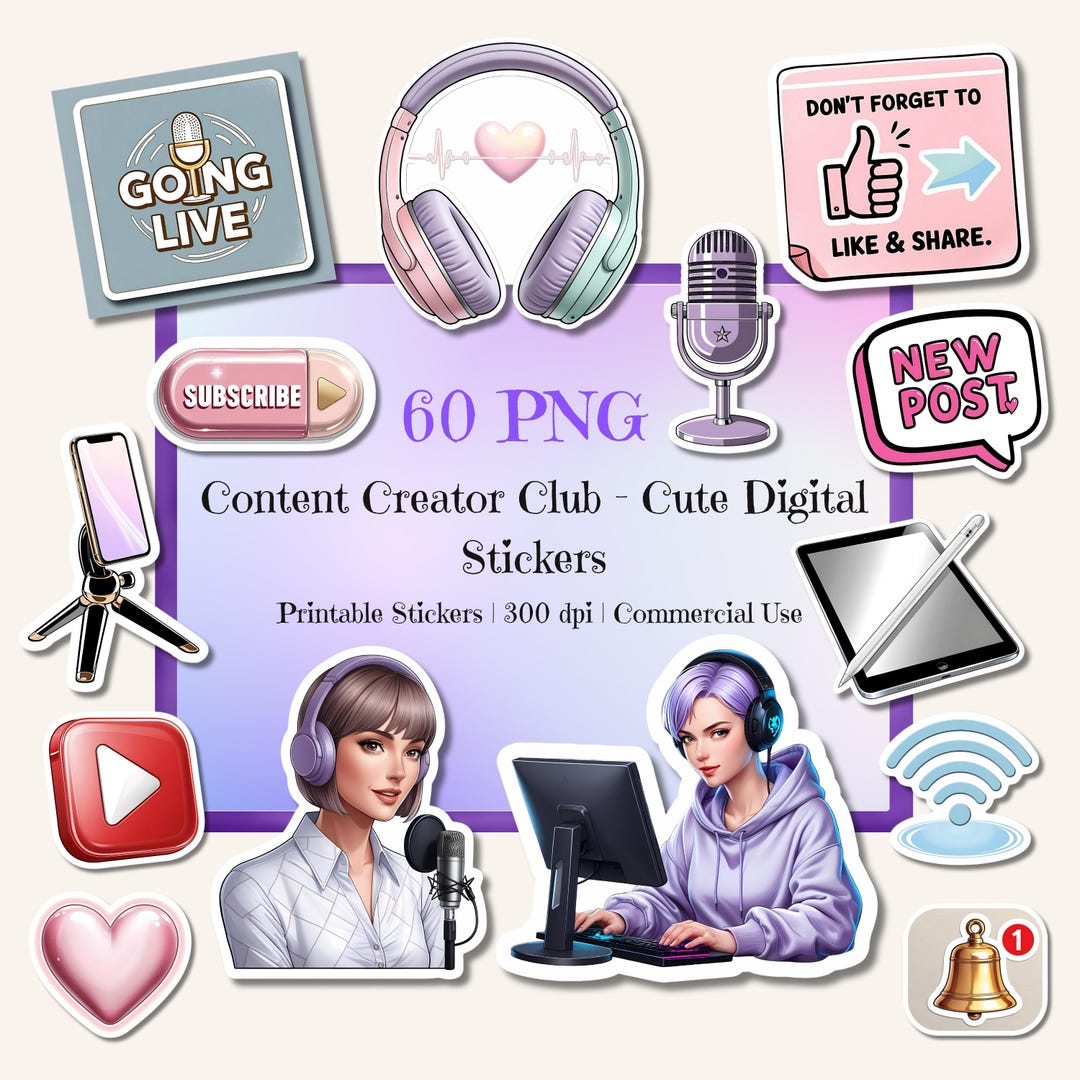 Content Creator Sticker Bundle - Printable Stickers - 60 Pre-cropped ...