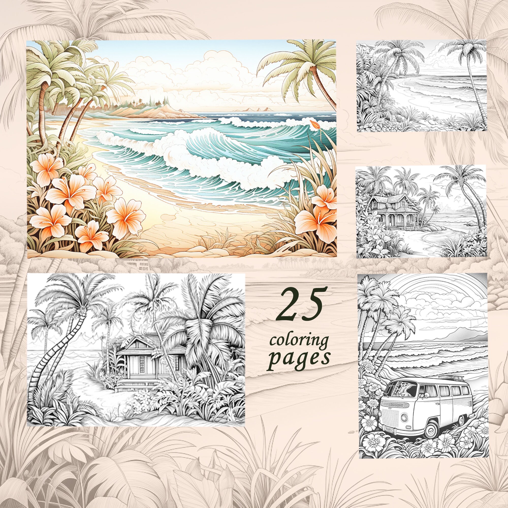25 Tropical Beach Coloring Pages & Inspiration Bundle - Etsy