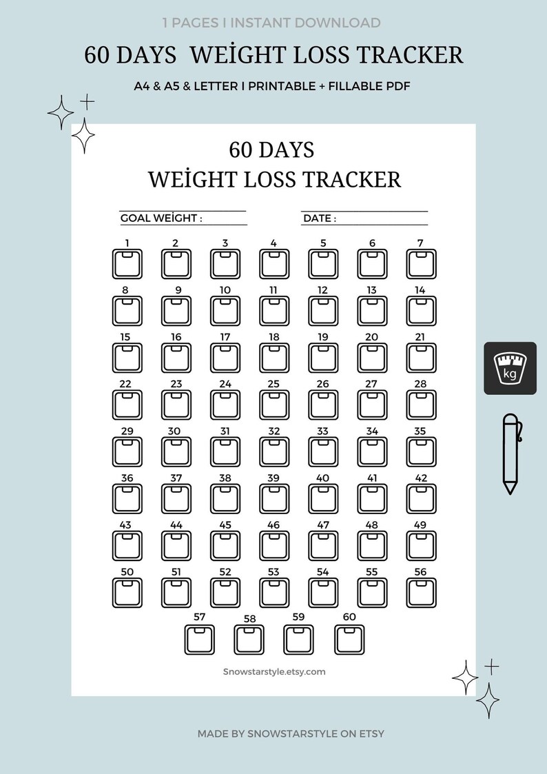 60 Day Weight Loss Tracker Printable, Weight Loss Challenge, Weight ...