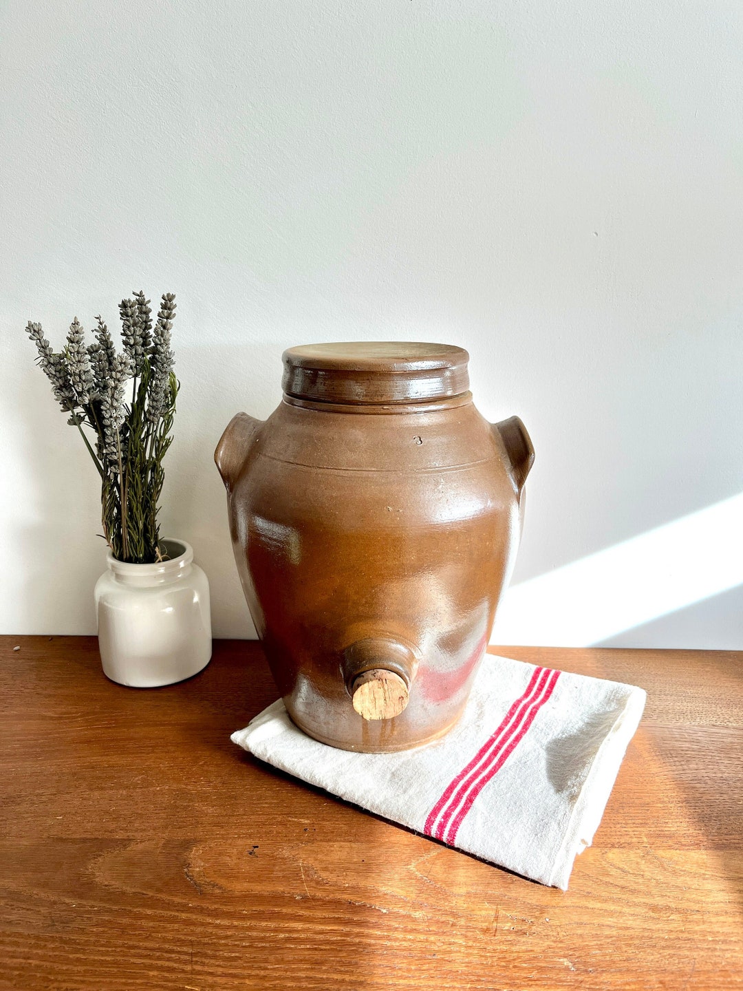 Large Rustic French Wine Jar With Lid, Ear Handles and Cork Opening ...