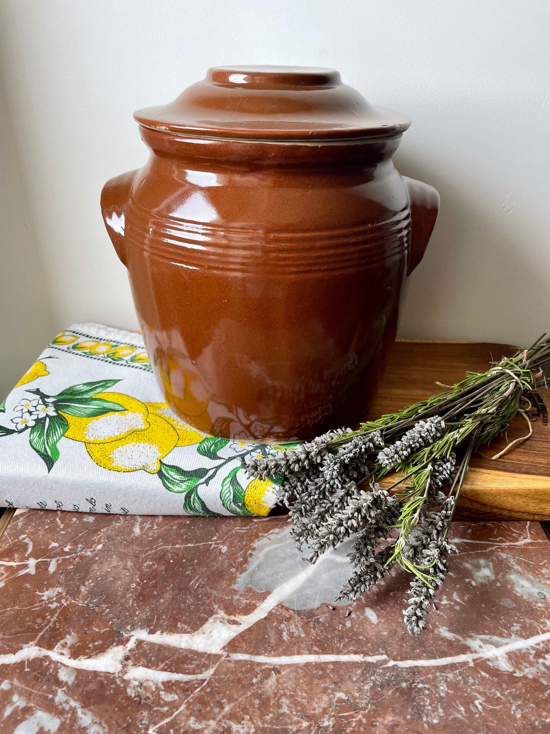French Stoneware Crock, Glossy Deep Brown Glaze, Large Confit Pot Jar ...