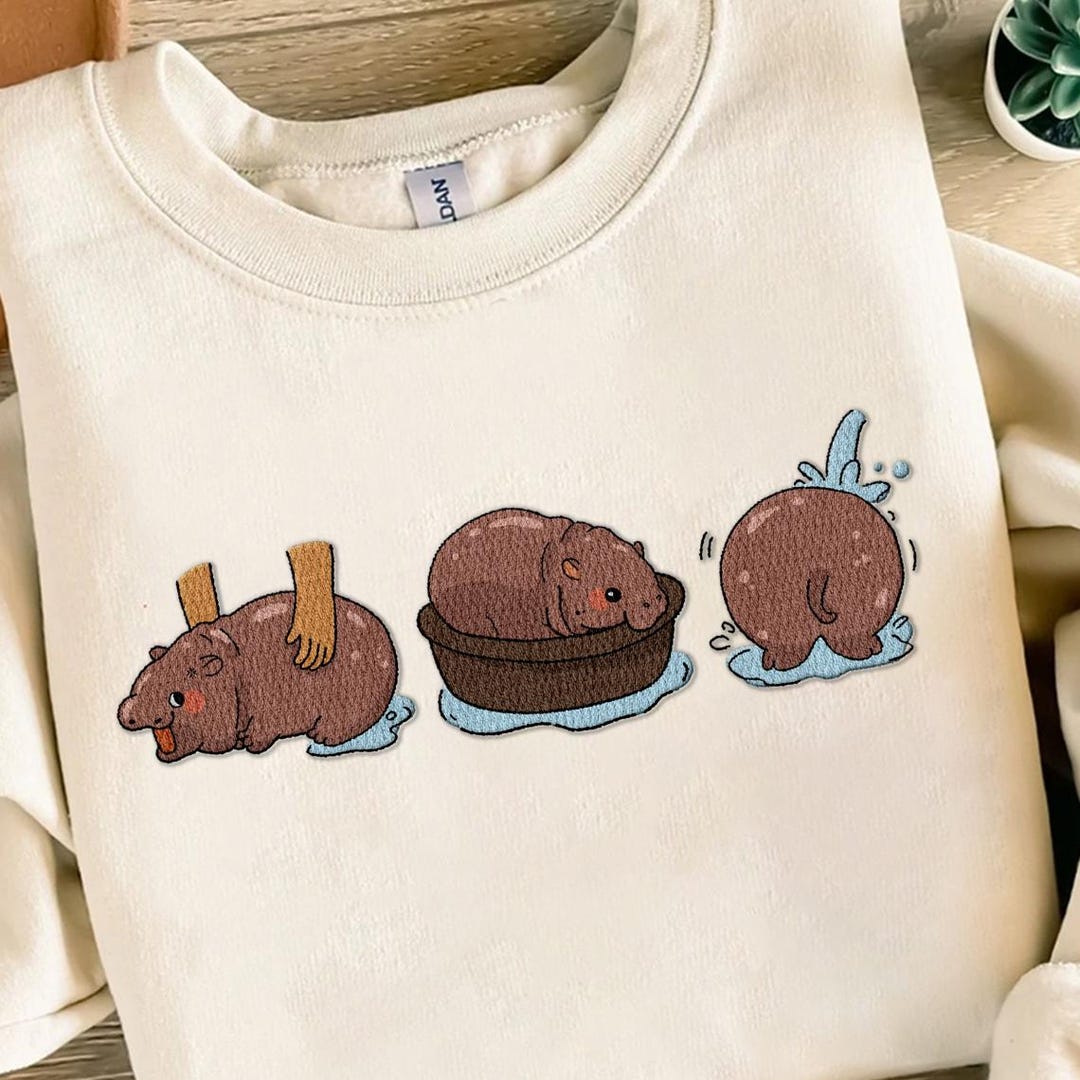 Moo Deng Gang Embroidered Sweatshirt, Cute Baby Hippo Crewneck Hoodie ...
