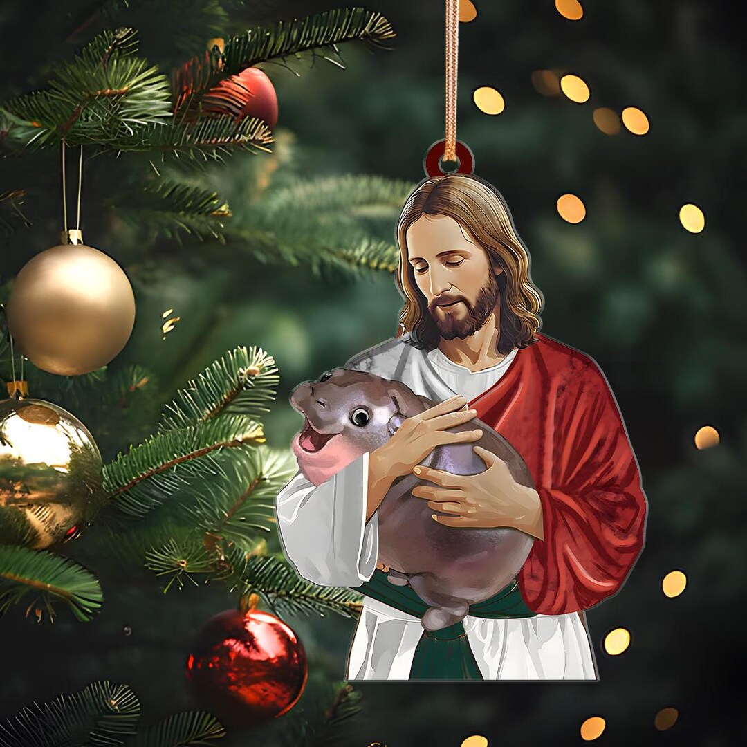 Jesus Holding Moo Deng 2D Flat Ornament, Hippo Rearview Mirror Car ...