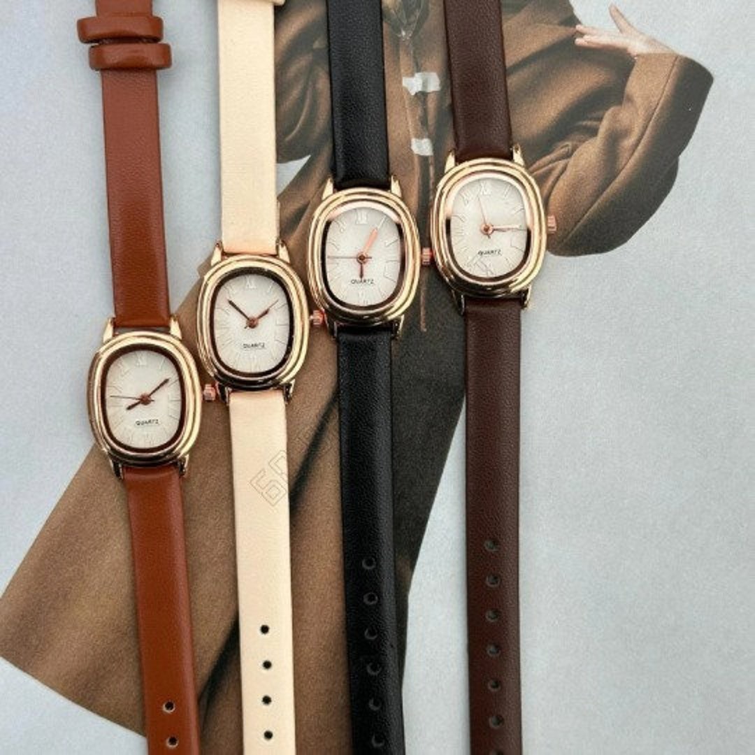 Women's Oval Case Leather Minimal Vintage New Season Tumbled Bezel ...