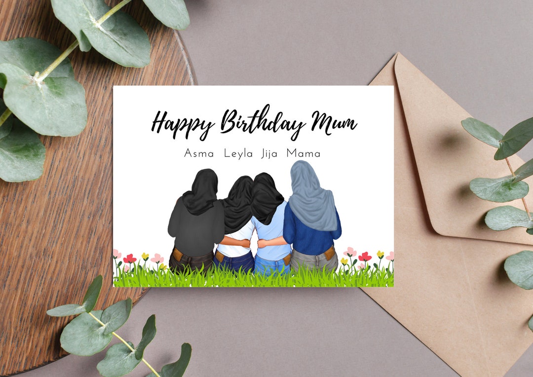 Personalised Muslim Family Birthday Card With Flowers (with Hijab/scarf ...