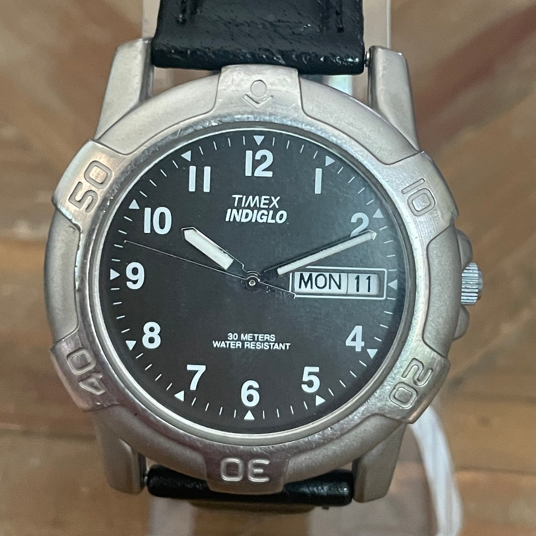 Vintage 90s Timex Indiglo Mens Leather Day Date Analog Quartz Watch New Battery - Etsy