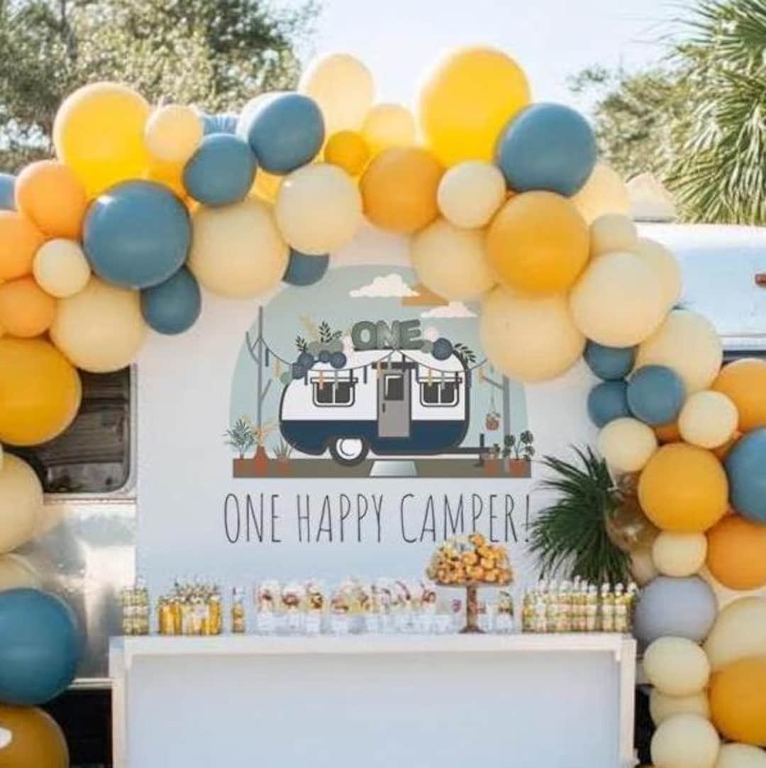 Happy Camper Backdrop, First Birthday Camping Theme Banner, Camping ...