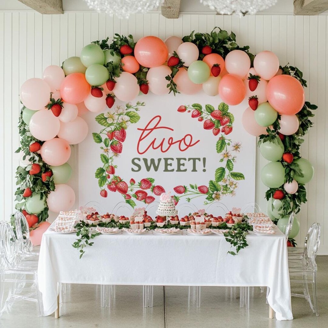 Strawberry 2nd Birthday Banner, Two Sweet Backdrop Strawberry 2nd ...