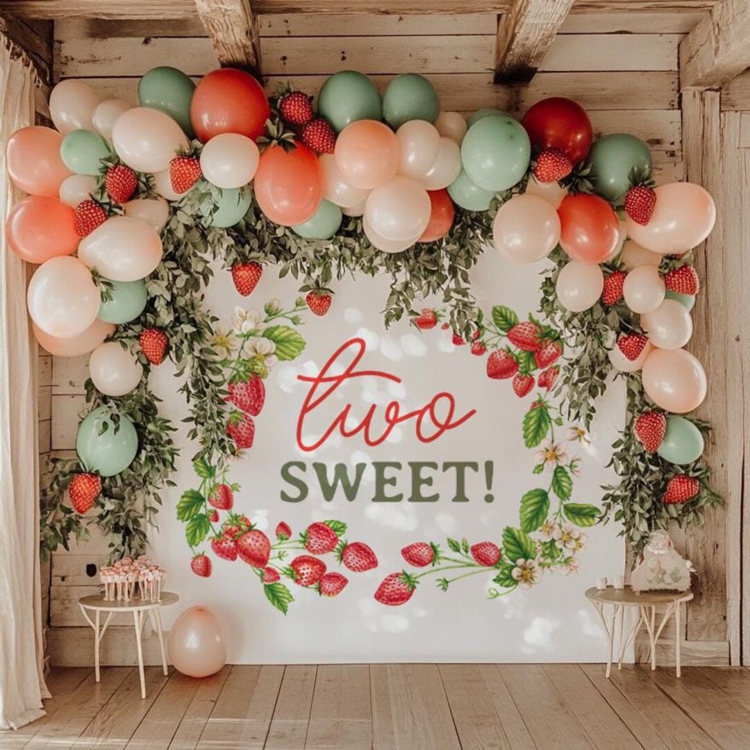 Two Sweet Toddler Birthday Backdrop, Strawberry 2nd Birthday Banner 2 ...
