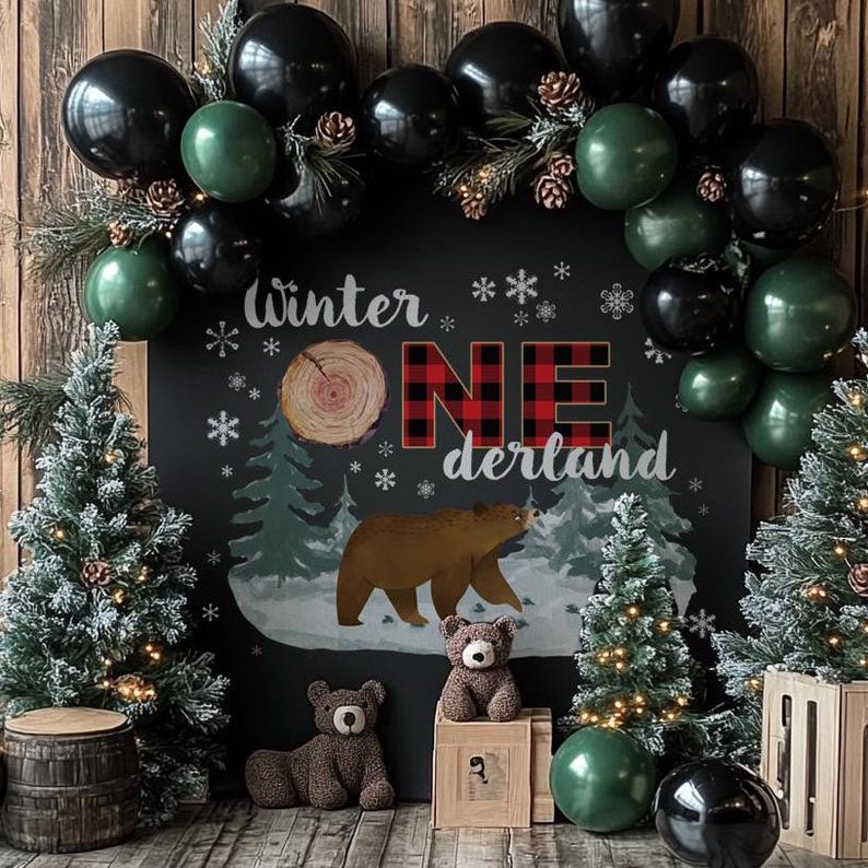 Woodland Onederland Backdrop, Boy Winter Onederland Backdrop, Bear ...