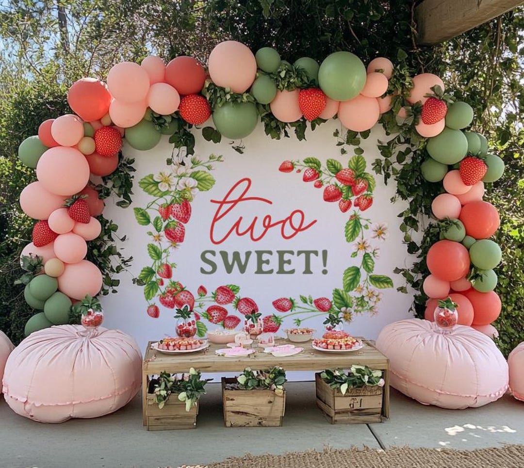 Strawberry 2nd Birthday Backdrop, Strawberry Shortcake Banner Two Sweet ...