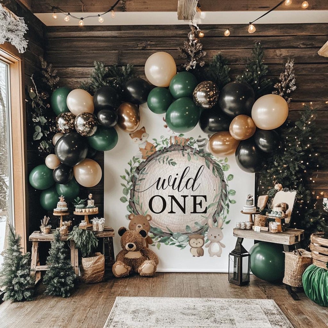 Greenery Wild One Backdrop, Forest Animals 1st Birthday Banner, Wild ...