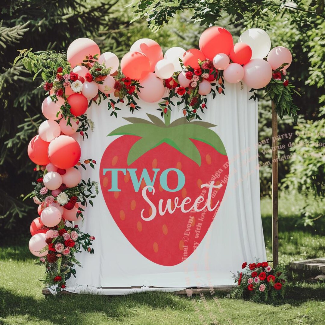 2 Sweet Strawberry Theme Banner, Strawberry Birthday Party Background ...