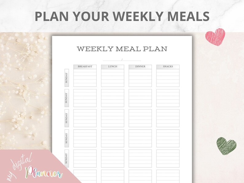 Meal Planner Printable, Grocery List, Weekly Food Diary, Digital Meal ...