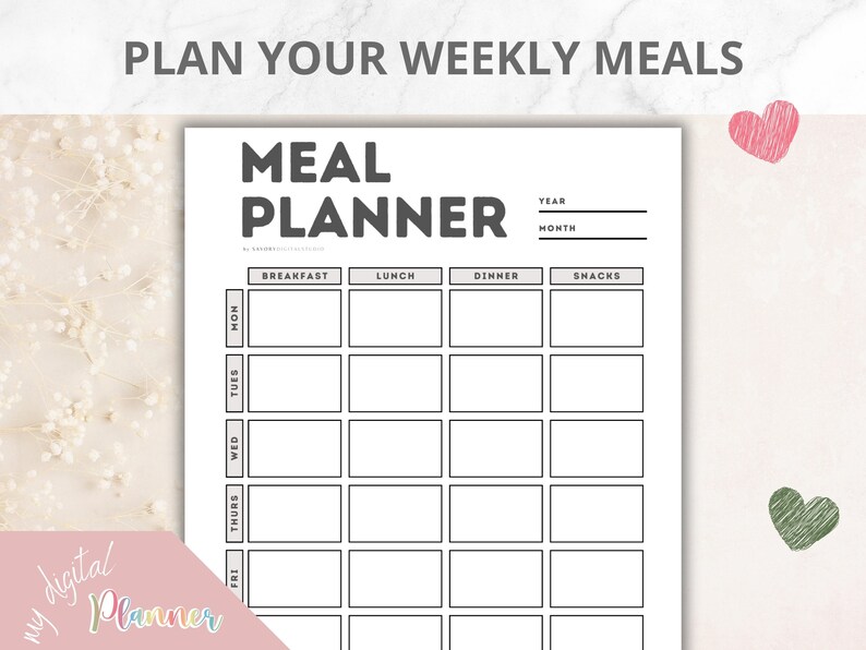 Meal Planner Printable, Grocery List, Weekly Food Diary, Digital Meal ...