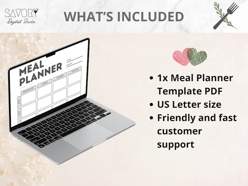 Meal Planner Printable, Grocery List, Weekly Food Diary, Digital Meal ...