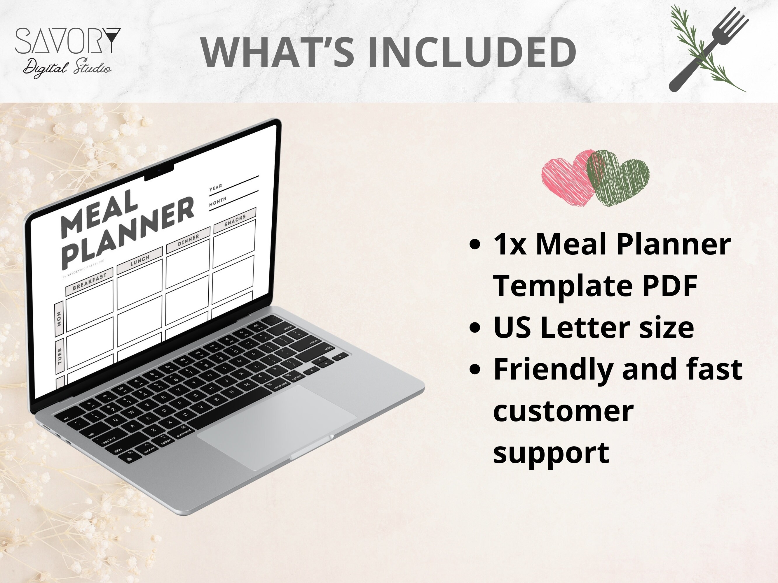 Meal Planner Printable, Grocery List, Weekly Food Diary, Digital Meal ...