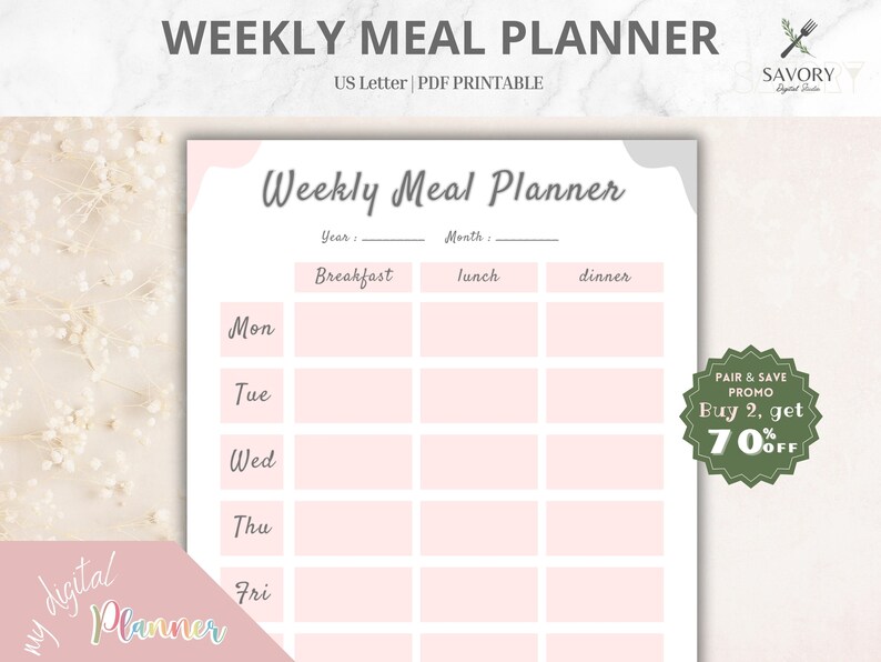 Weekly Food Diary, Meal Planner Printable, Grocery List, Digital Meal ...